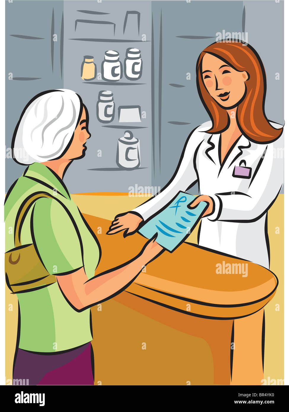 A pharmacist handing over a prescription to an elderly woman Stock ...