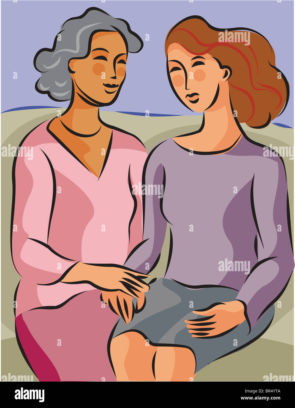 Illustration of two women sitting and confiding in each other Stock ...