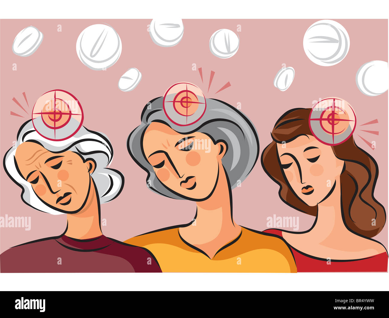 Illustration of three generations of women with target circles ...