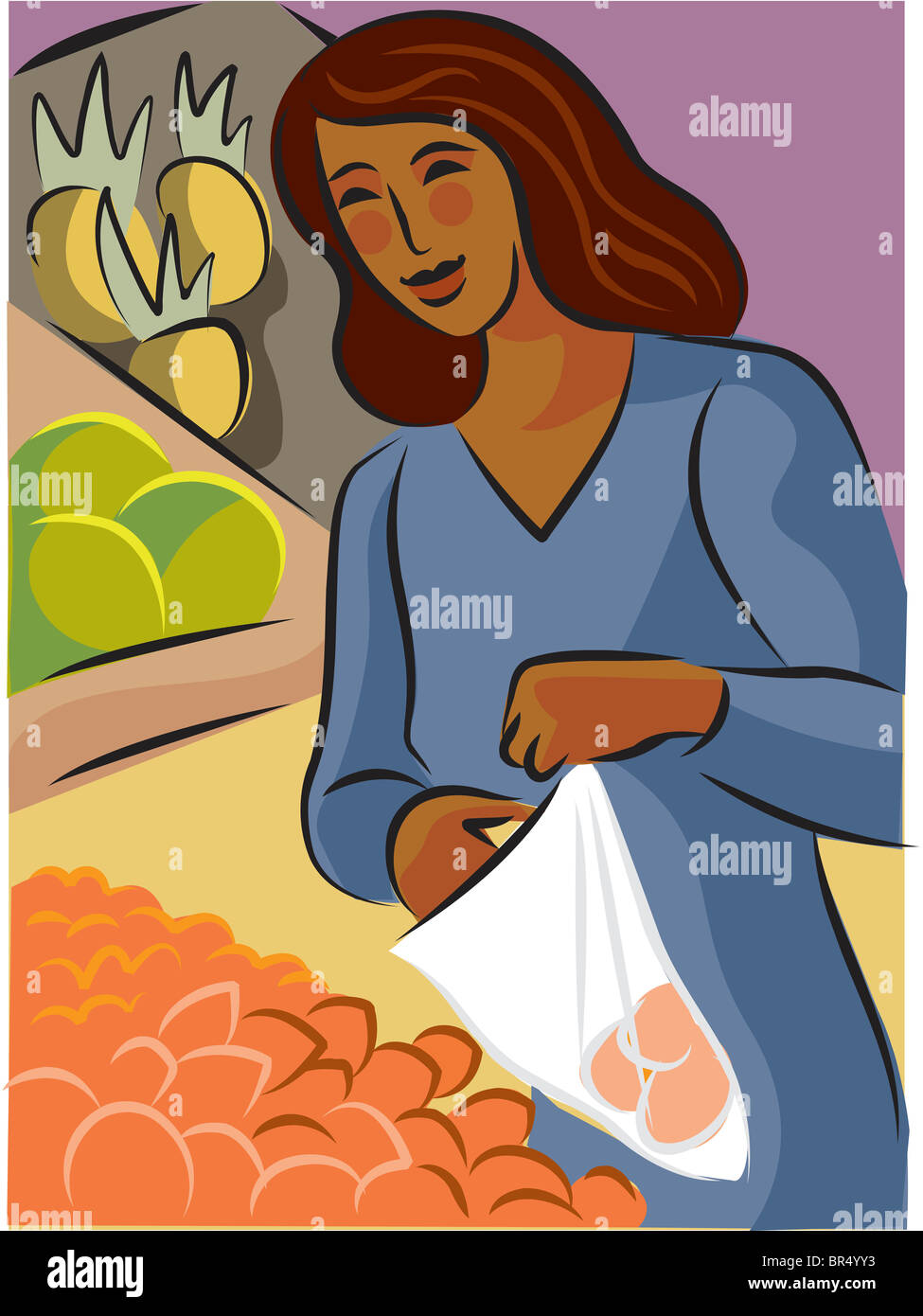 Illustration of a woman buying apricots at a grocery store Stock Photo ...