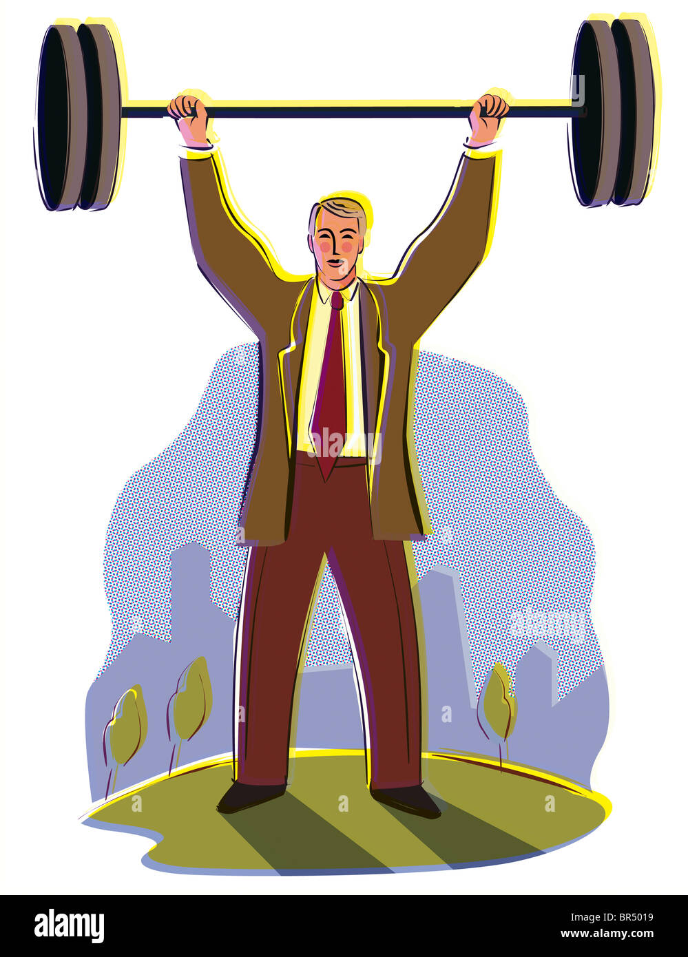 A businessman lifting a weight over his head with the city in the ...