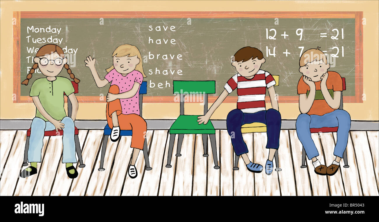 Illustration of school children seated in a row in front of a ...