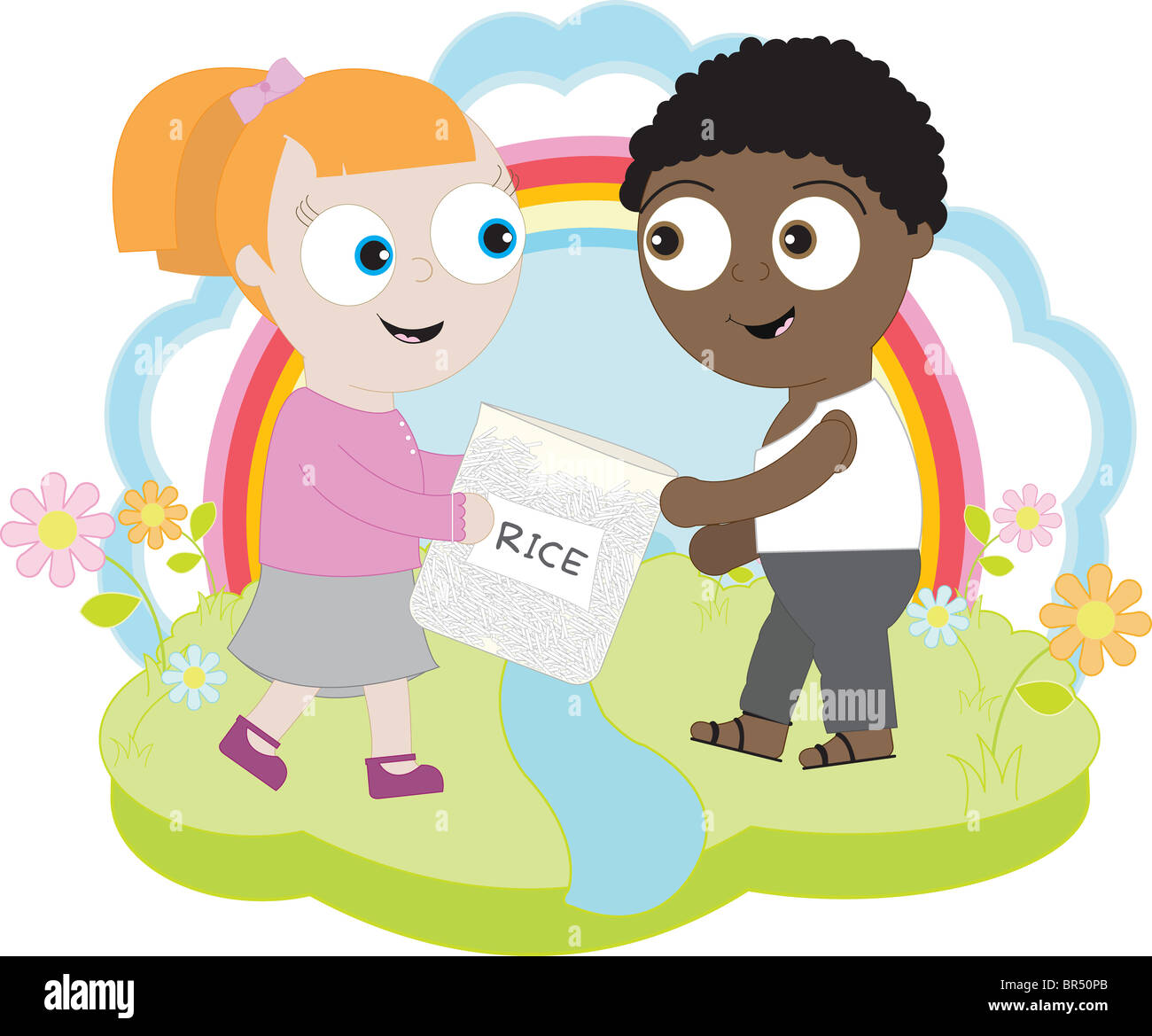 A little girl giving a bag of rice to an African child Stock Photo - Alamy