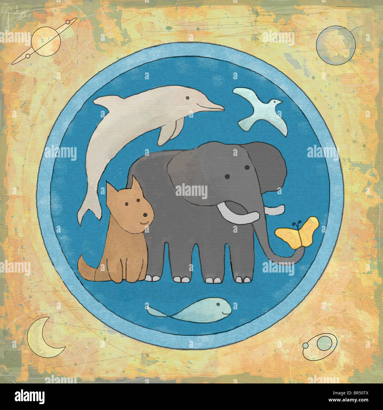 A fish, dog, elephant, bird, and butterfly standing together Stock ...