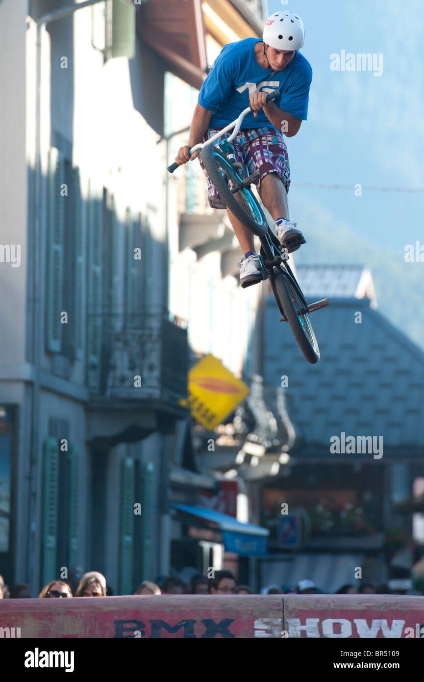 BMX bike riding display in Chamonix Mont Blanc. Performing big air ...