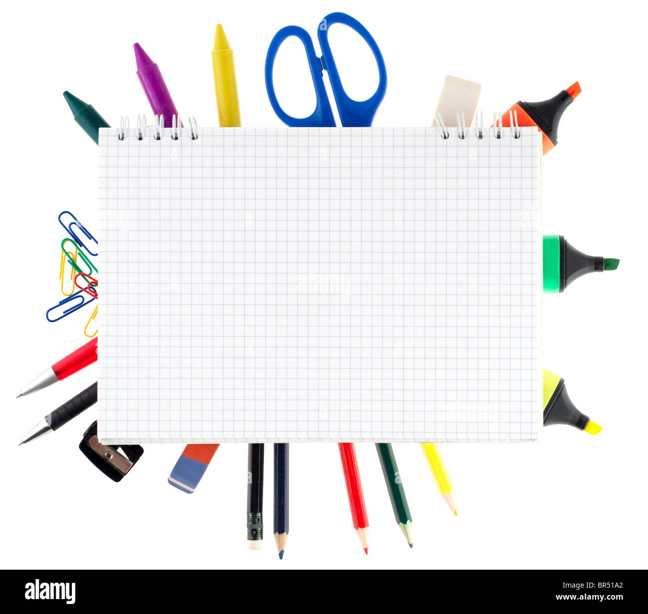 Notepad with stationary objects on white background Stock Photo - Alamy