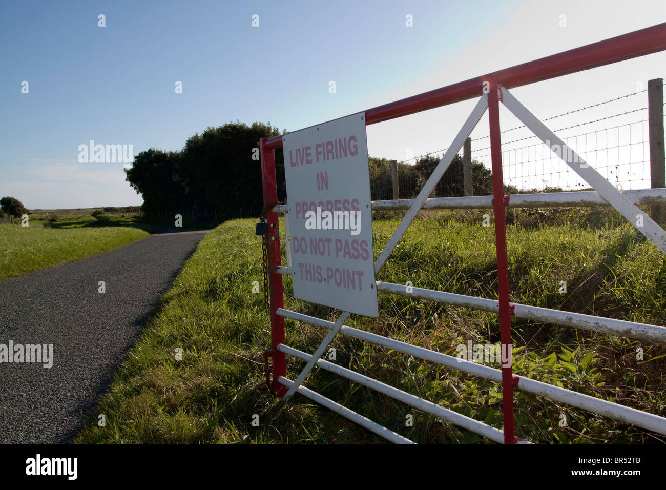 road traffic sign tank live firing in progress at Castlemartin firing ...