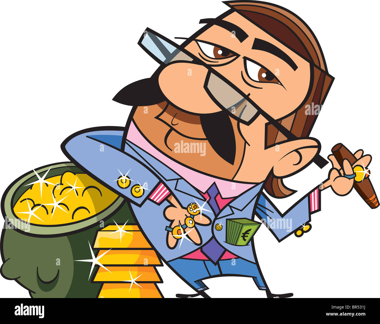 A wealthy man in flashy clothes standing with a pot and bars of gold ...