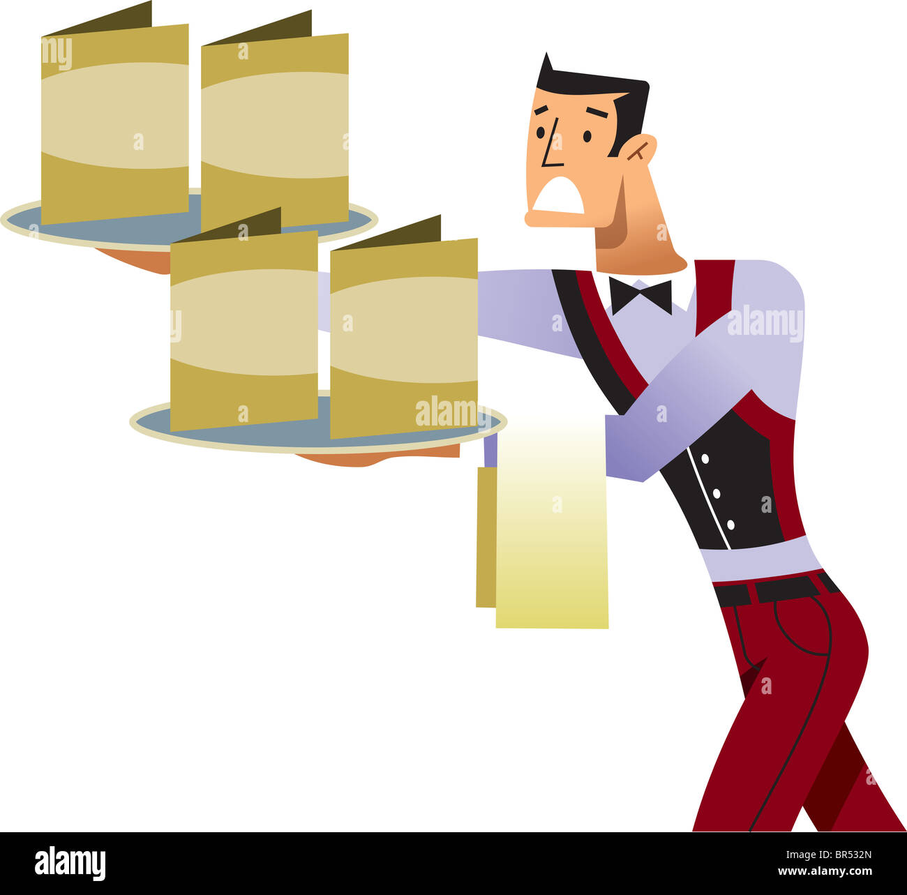 A waiter trying to balance menus on trays Stock Photo - Alamy