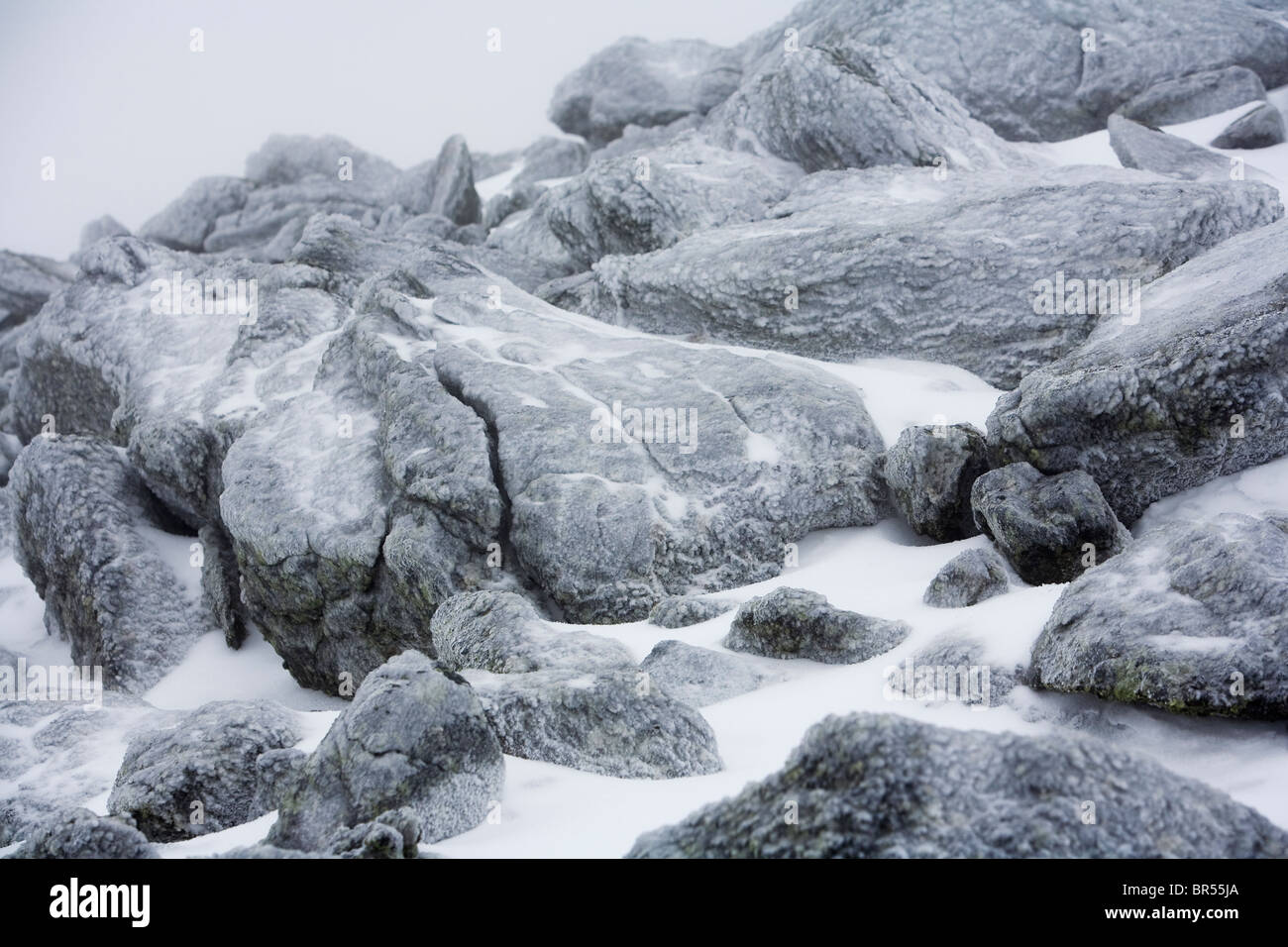 Ice encrusted boulders on the summit cone of Mt. Washington Stock Photo ...