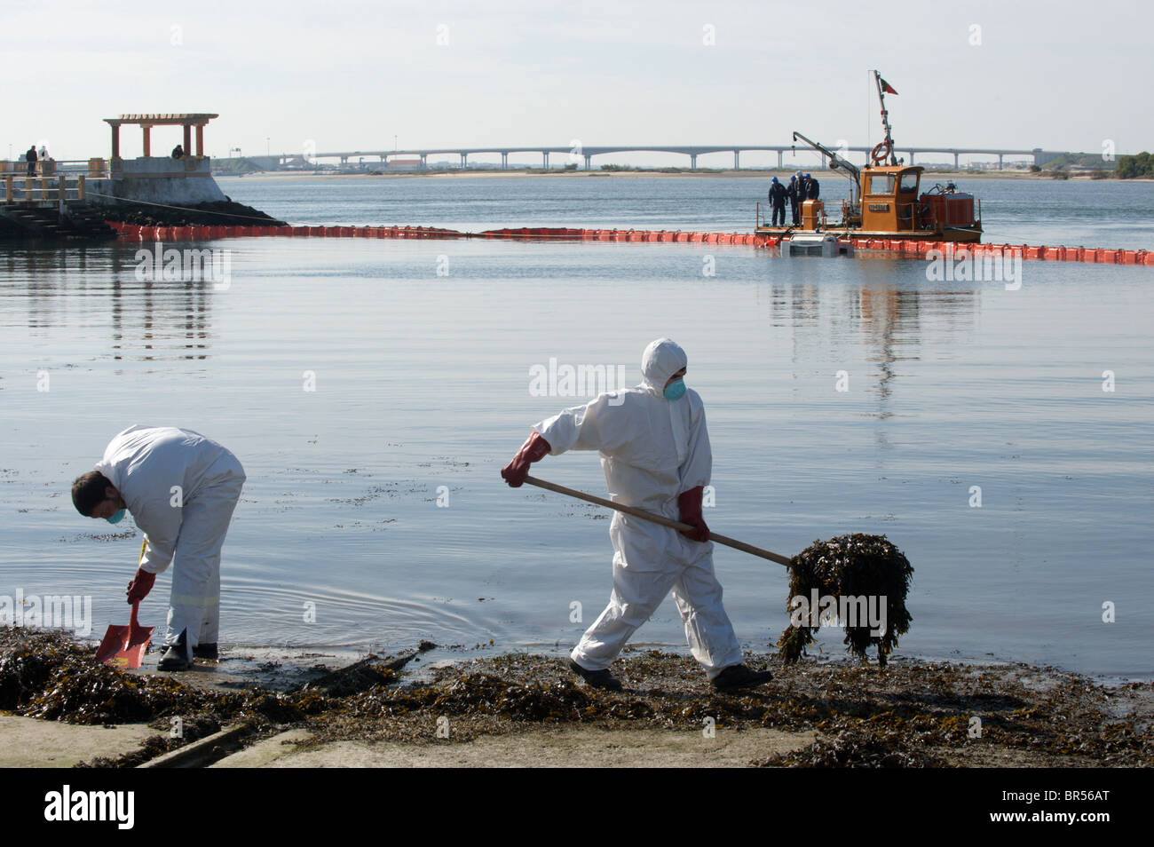 Men in full-body protective clothing and breathing masks clean the dock ...