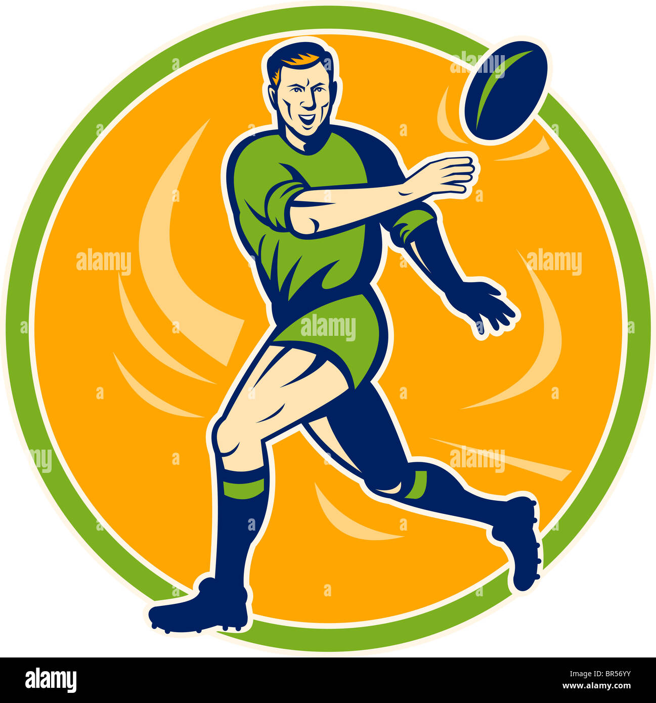 illustration of a Rugby player running and passing ball Stock Photo - Alamy
