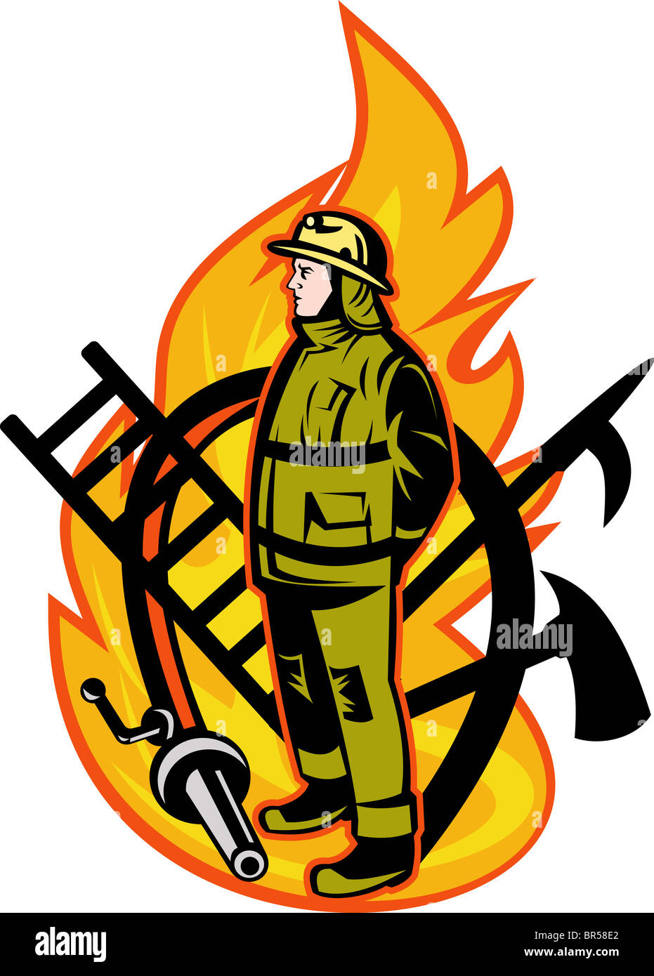 illustration of a Firefighter with ax,ladder, spear, hook and fire hose ...