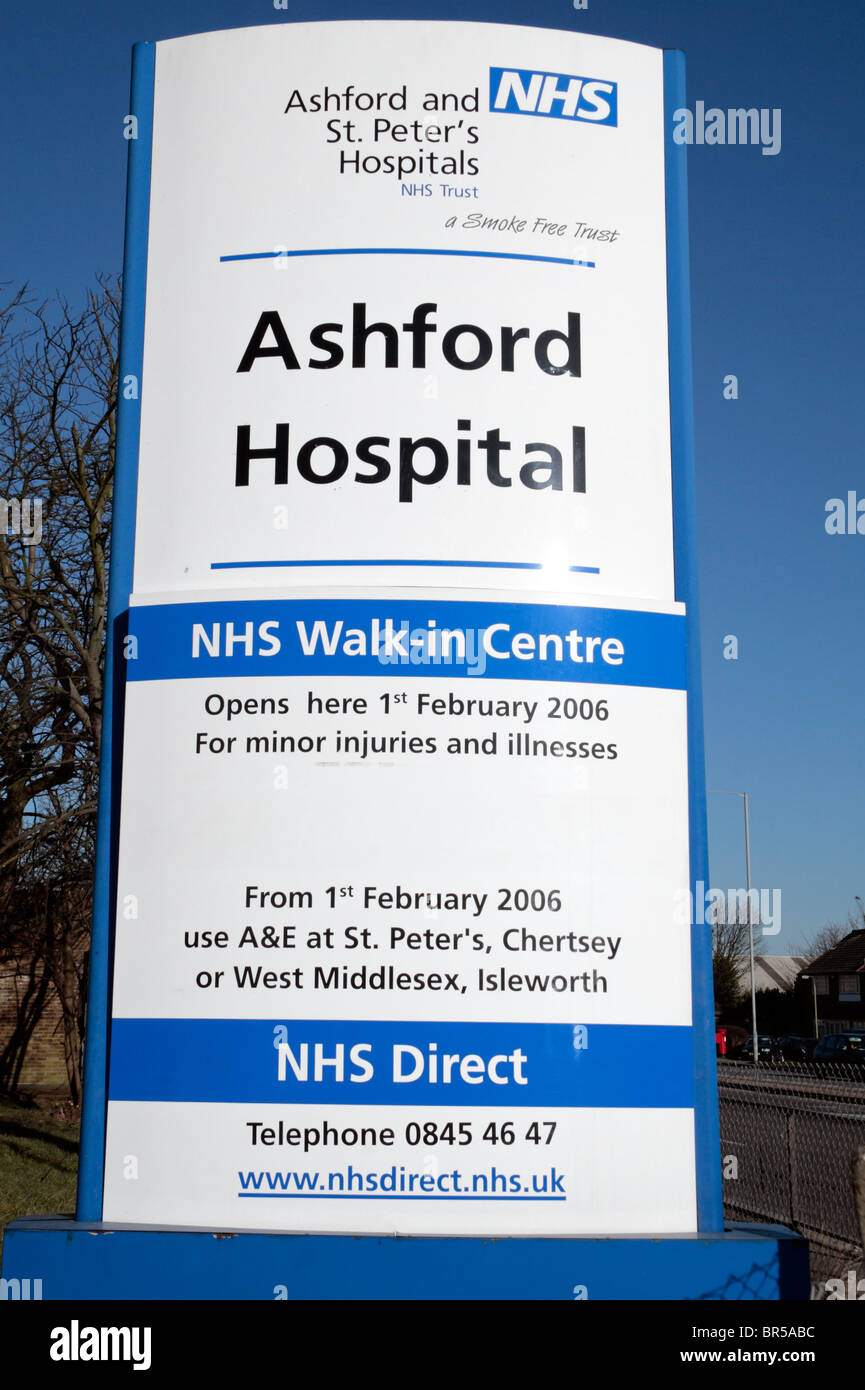 Main sign post for visitors at the entrance to Ashford Hospital & NHS ...