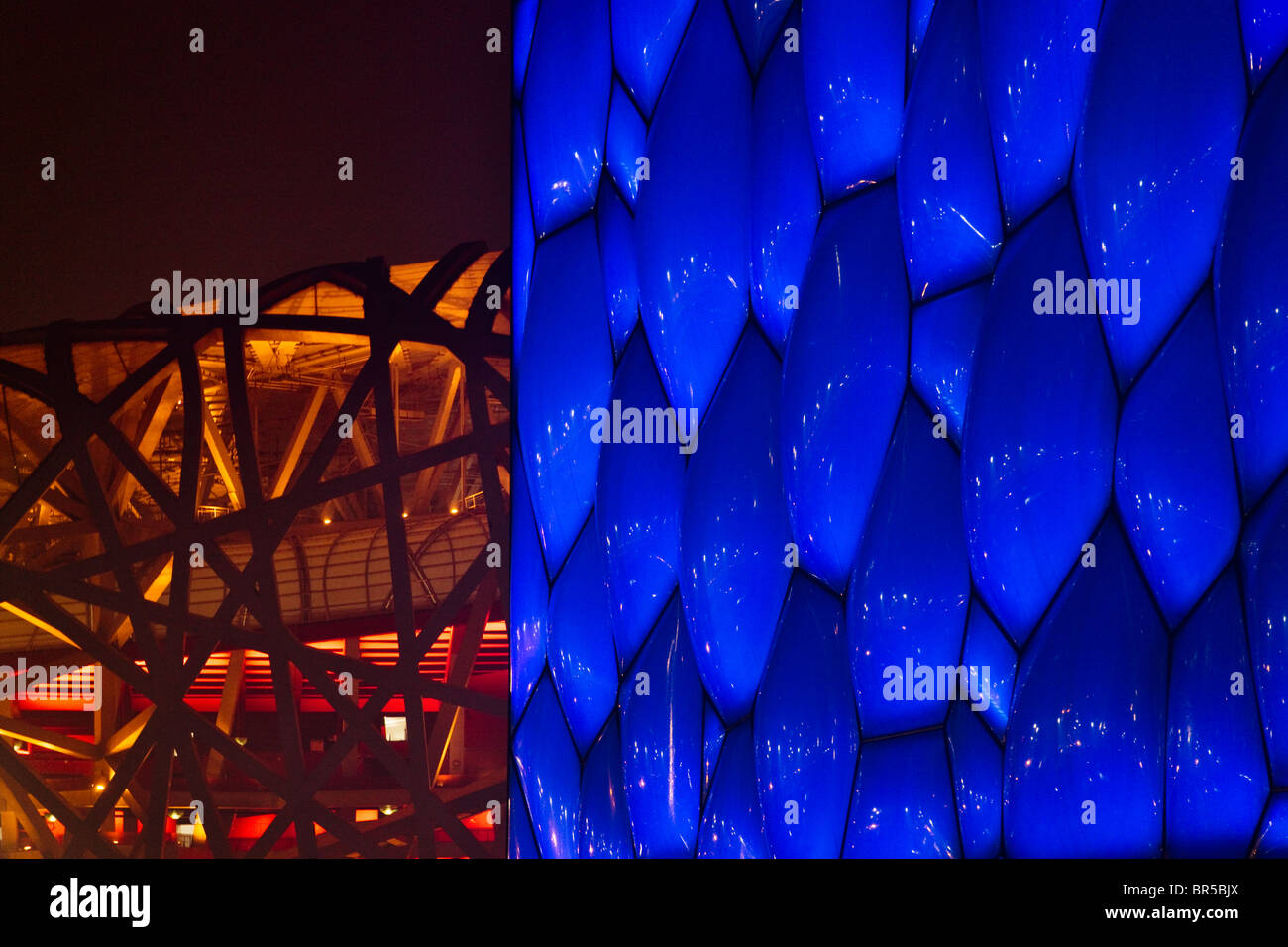 Night view of Olympic Stadium (Bird Nest) and National Aquatic Center ...