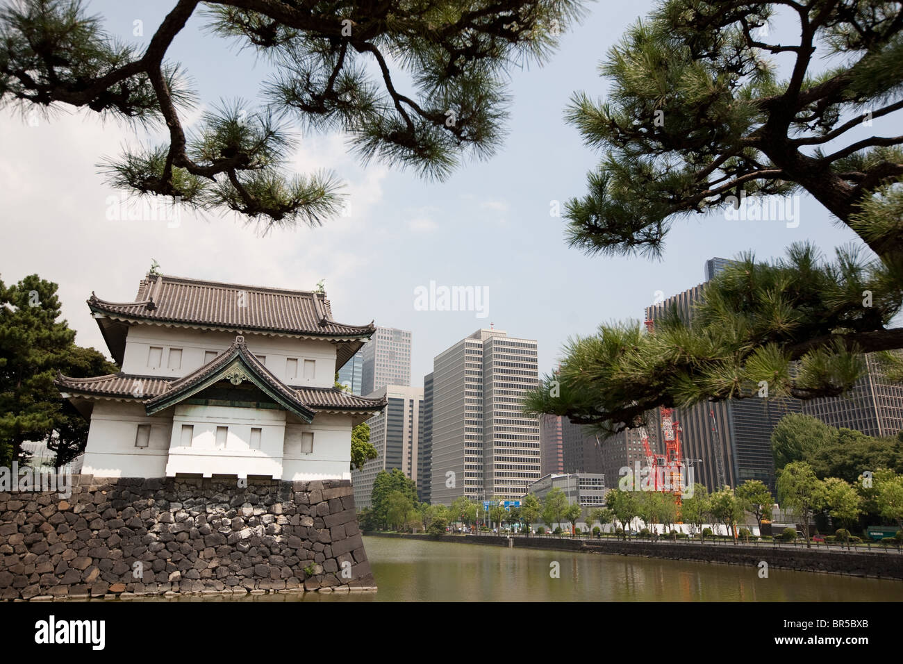 Views of Imperial Palace outer building and modern skyscrapers, in ...