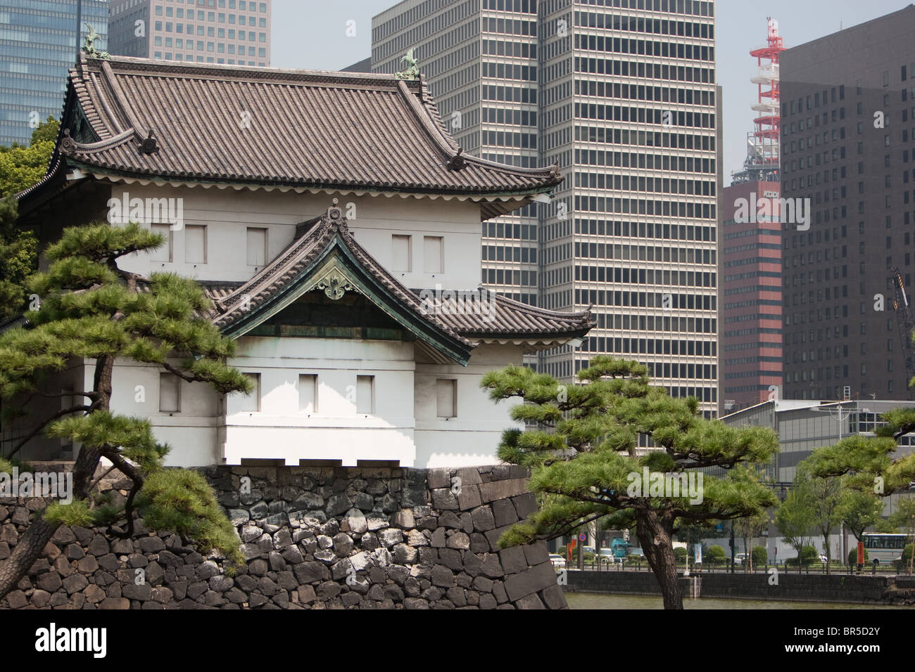 Views of Imperial Palace outer building and modern skyscrapers, in ...