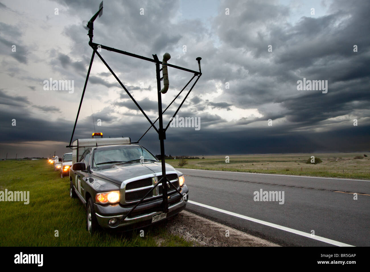 Storm chasers inside a truck participate in Project Vortex 2, a two ...