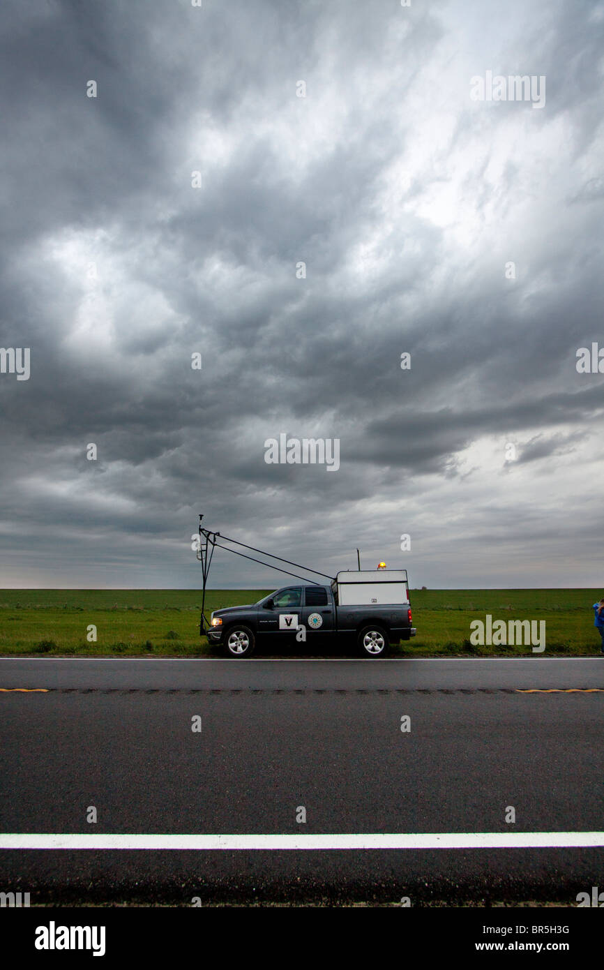 Storm chasers inside a truck participate in Project Vortex 2 Stock ...