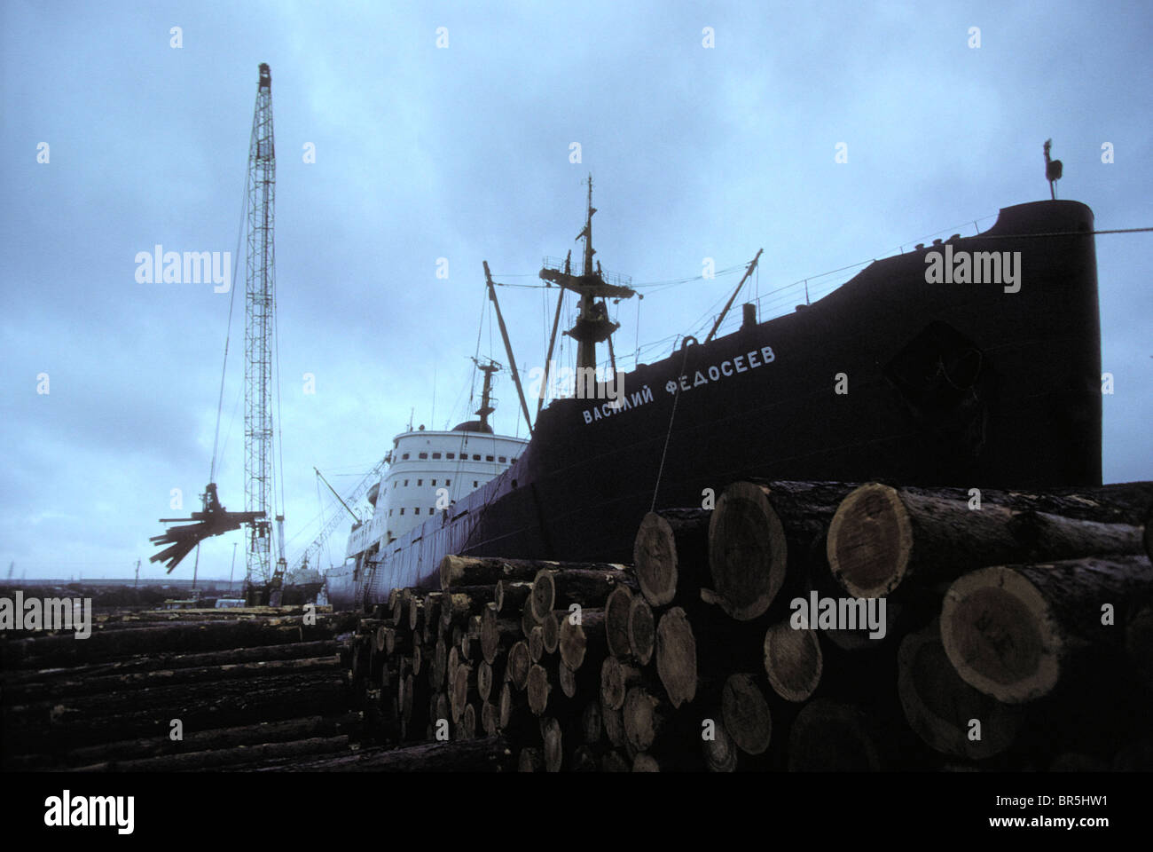 Russian logs being unloaded Stock Photo - Alamy