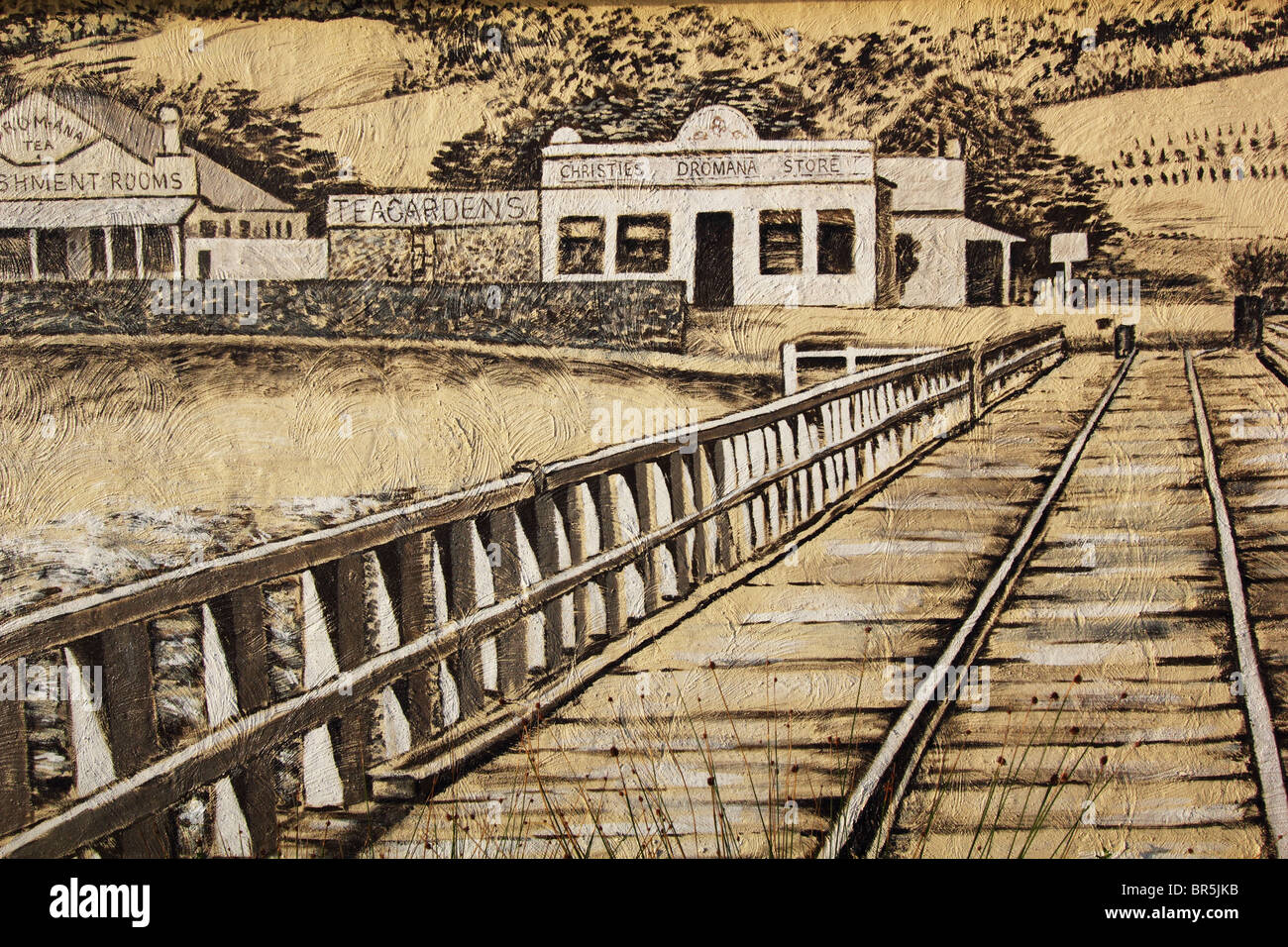 DRAWING ON THE SIDE OF A BUILDING DEPICTING A RAIL LINE THAT RAN TO THE ...