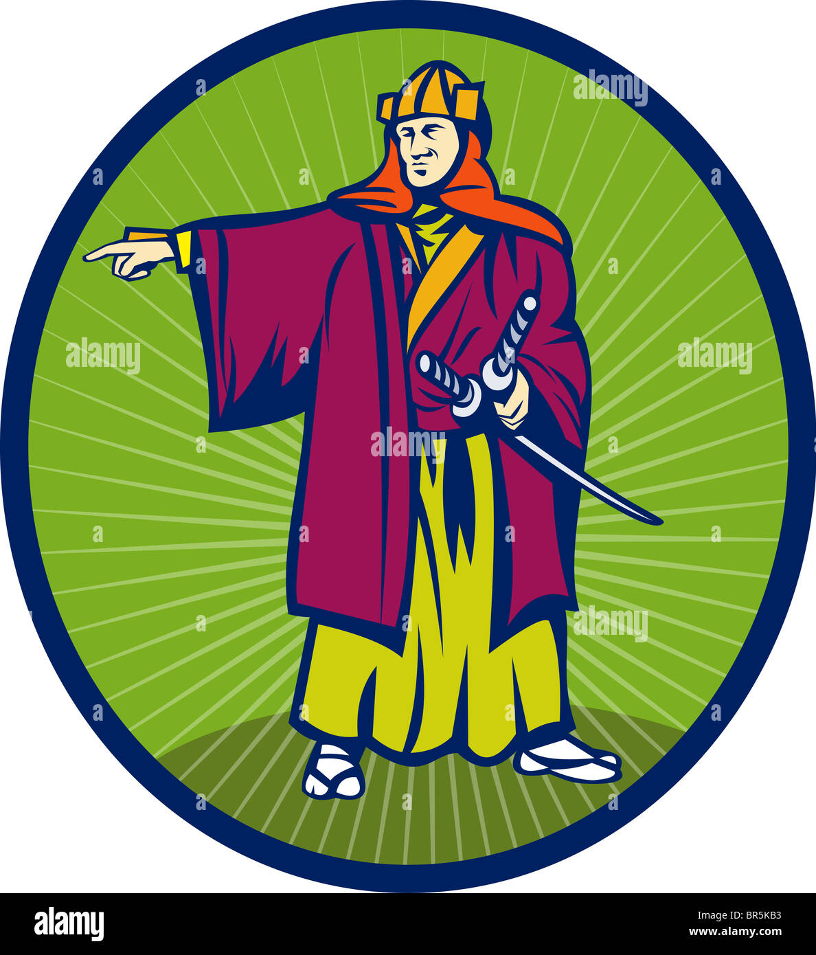 Samurai warrior with katana sword pointing to side set inside an oval ...