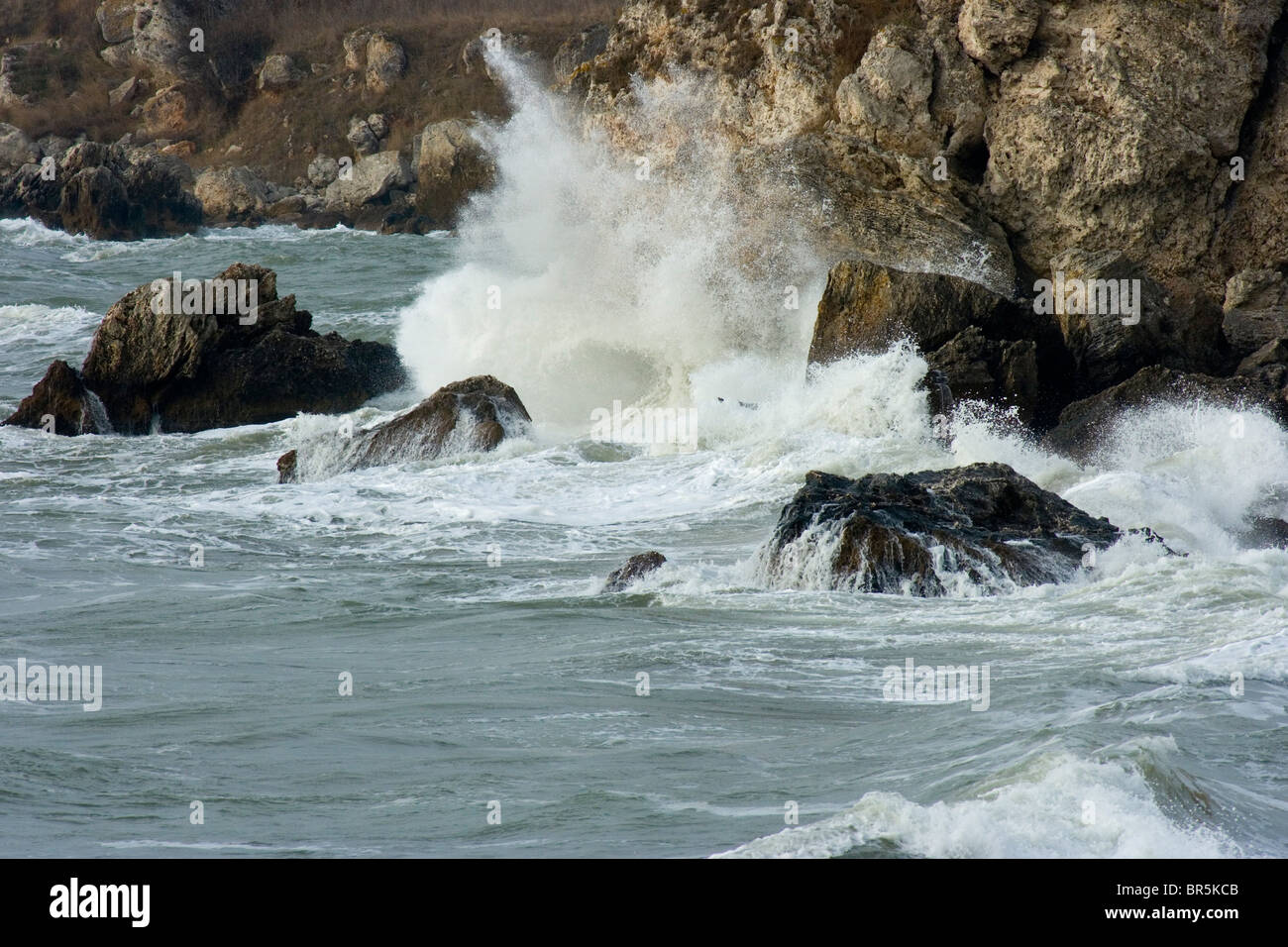 waves splashing on rocks at sea, cliff line, Northern Black Sea Stock ...