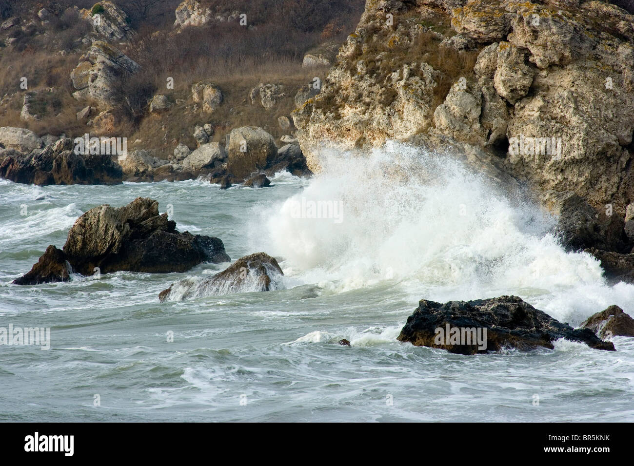 waves splashing on rocks at sea, cliff line, Northern Black Sea Stock ...