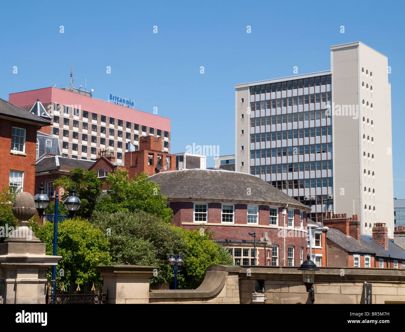 A view of modern buildings from the grounds of Nottingham Castle ...