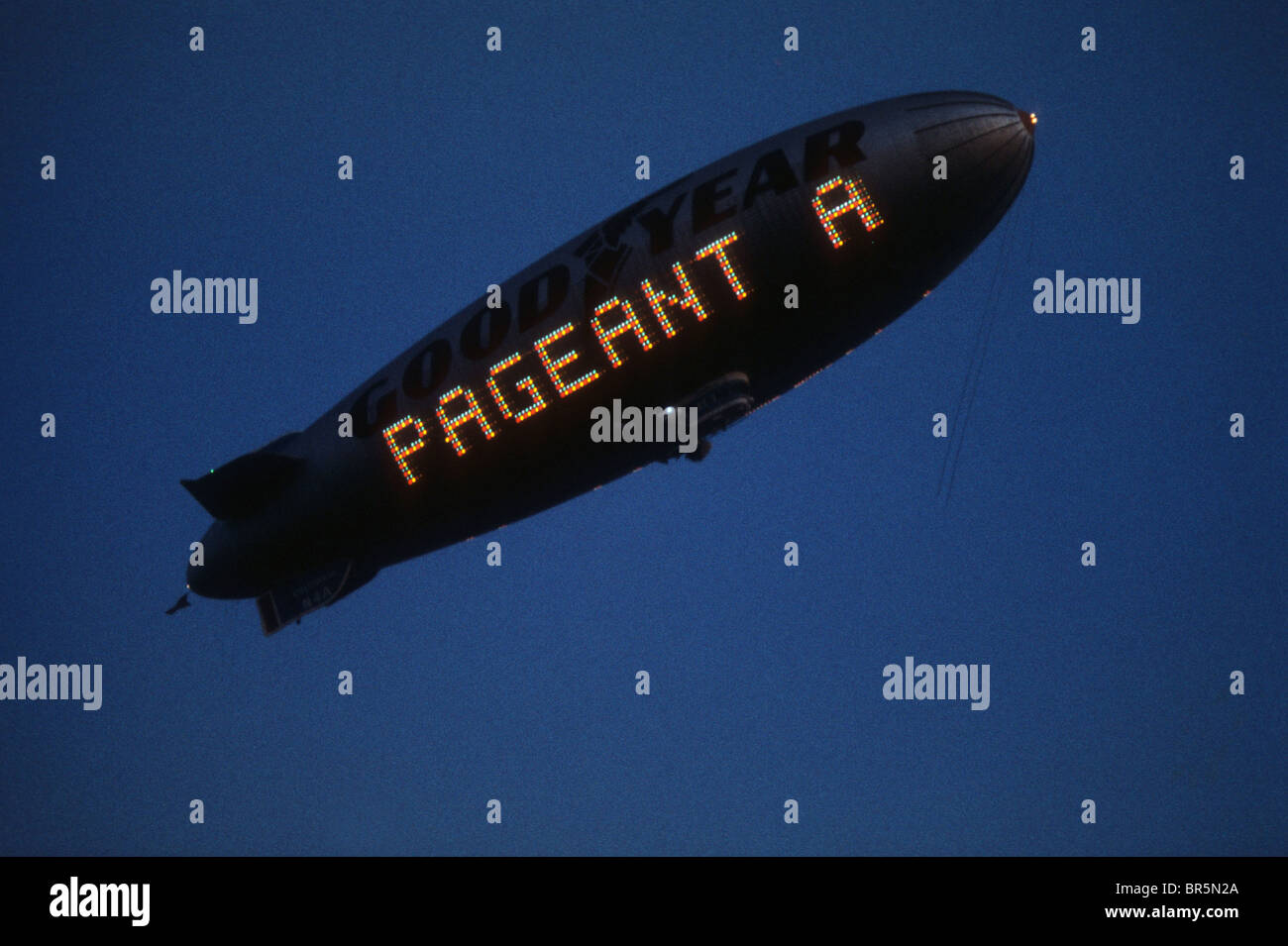 Goodyear blimp sign light letters spell message ad PR public relations ...