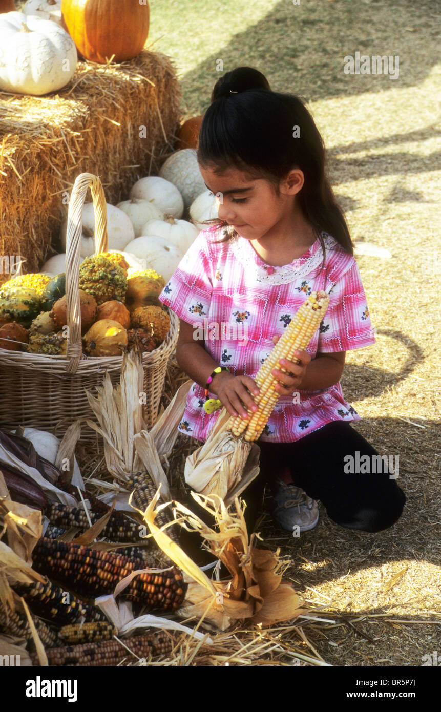 Young Hispanic girl examines fall harvest fruit corn gourds melons at ...