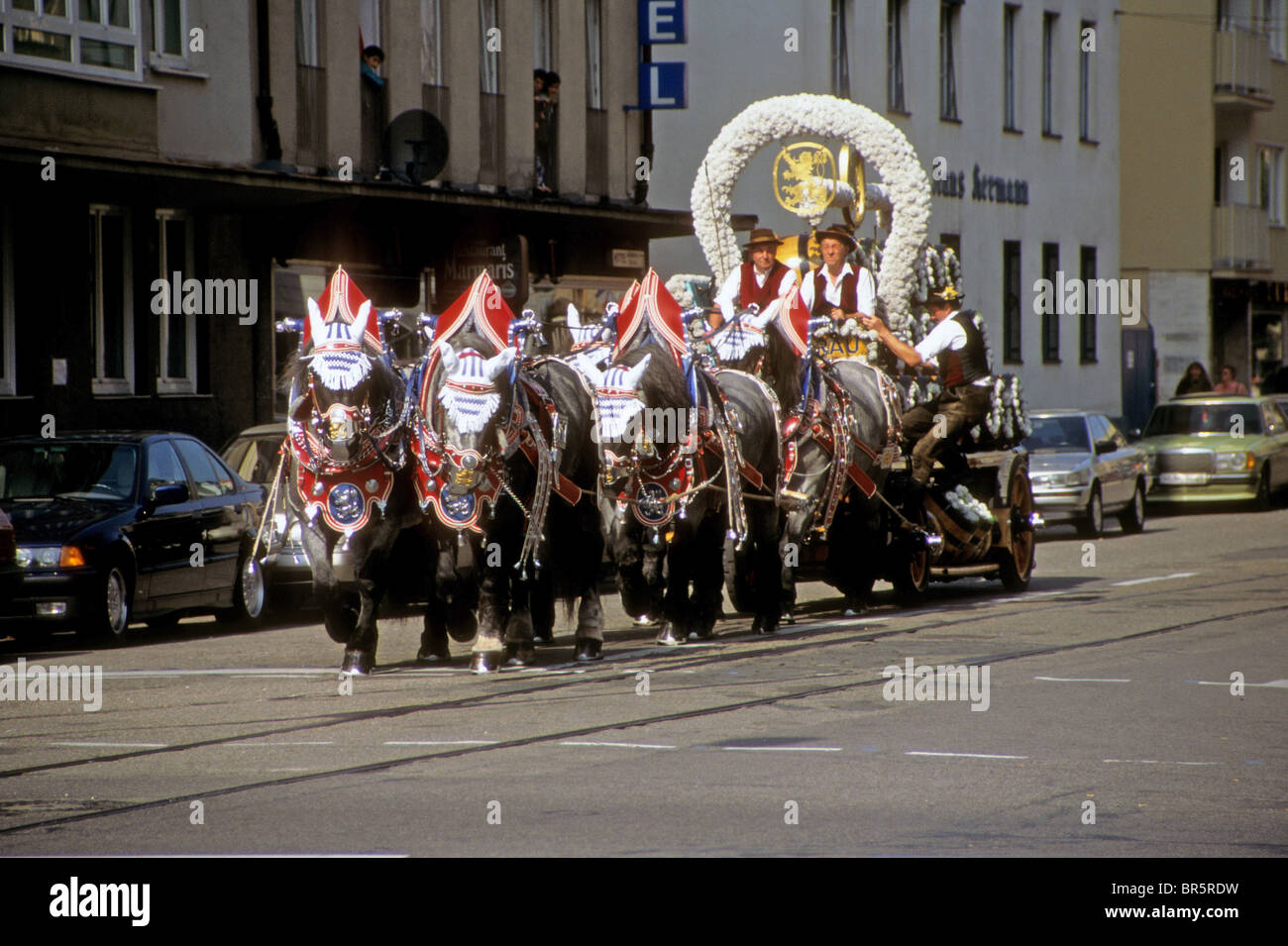 Munich Germany Oktoberfest beer wagon horse pull parade decorate ...