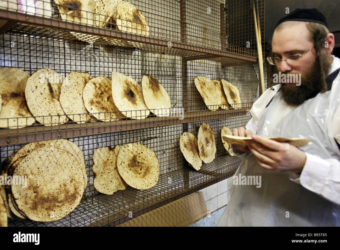 An Orthodox Jewish man checking the unleavened matza bread is properly ...