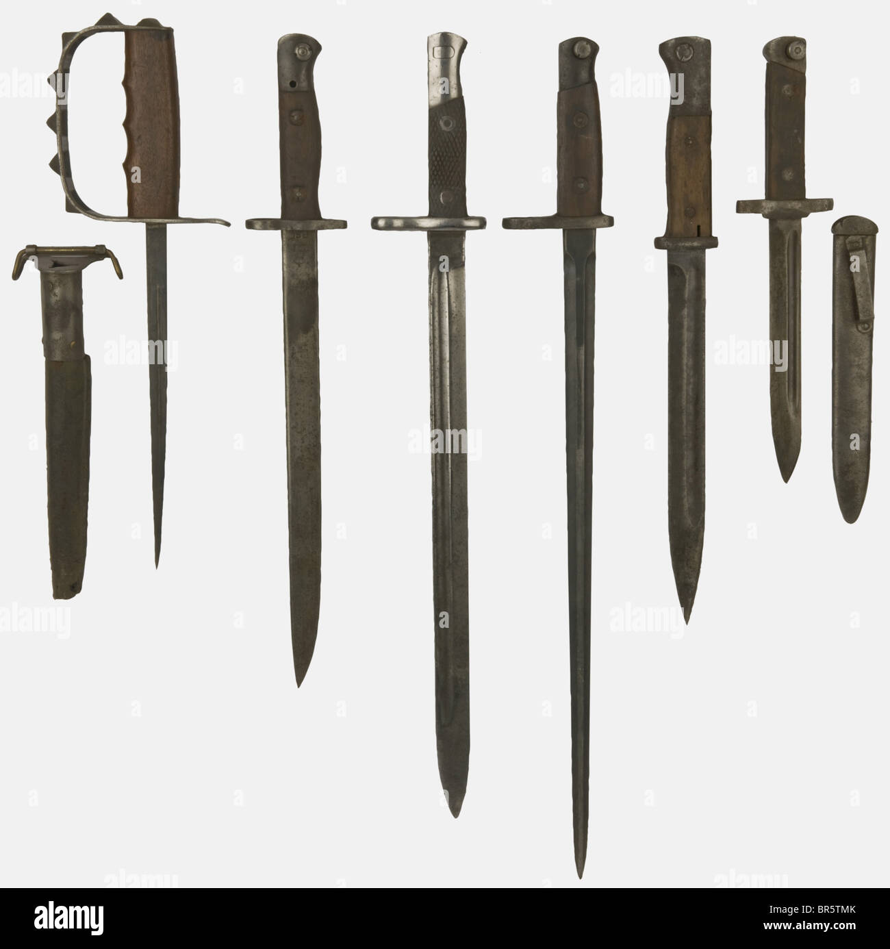 A group of edged weapons, including a Spanish artillery bayonet pattern ...