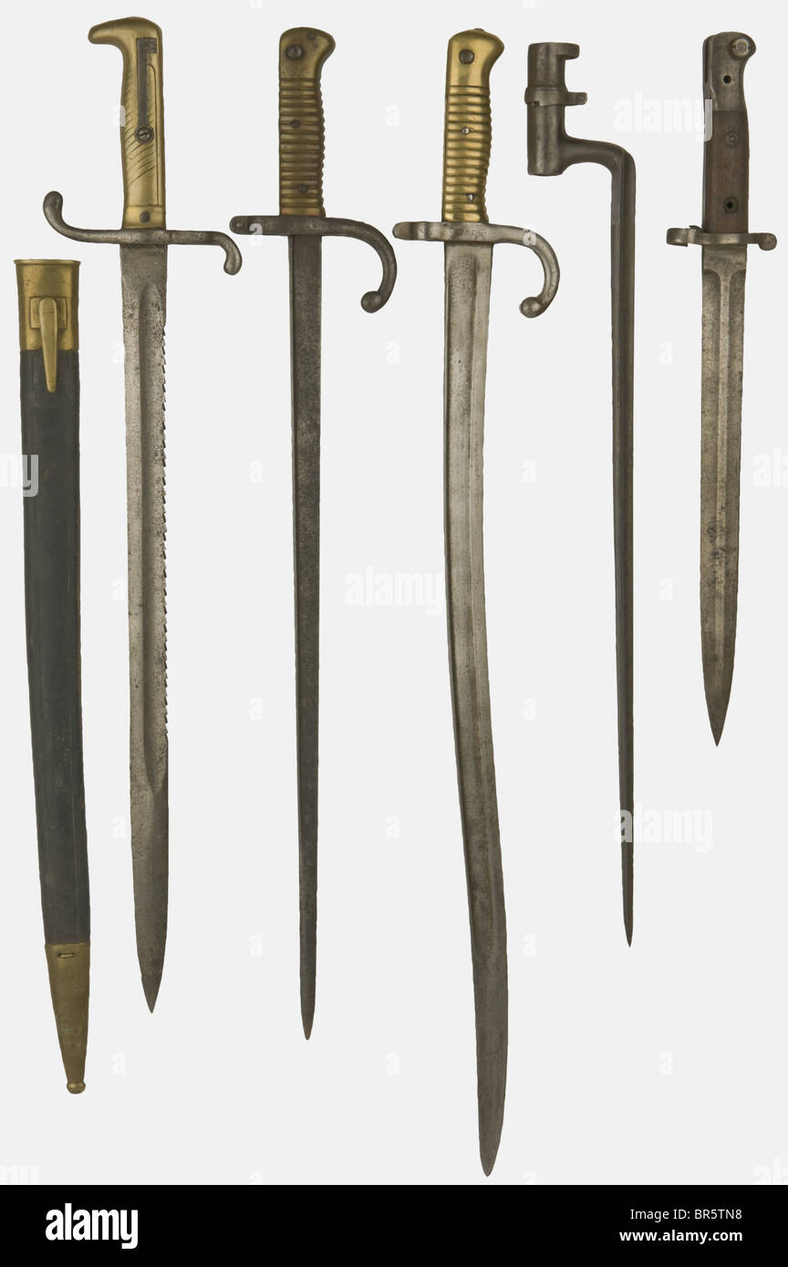 A group of edged weapons, including a British pattern 1903 bayonet with ...