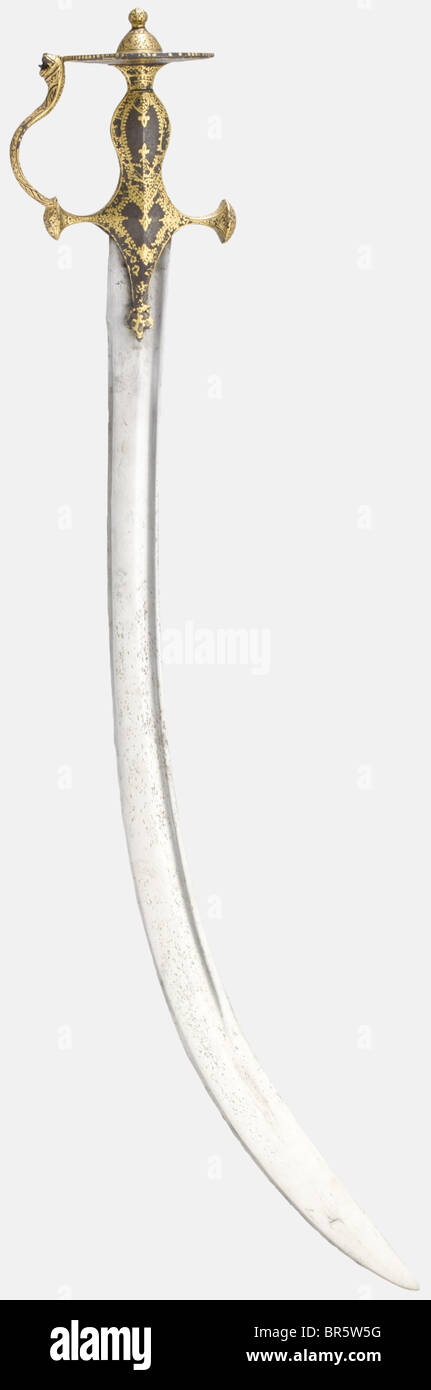 A gold-inlaid Indian tulwar, 19th century A single-edged blade with ...