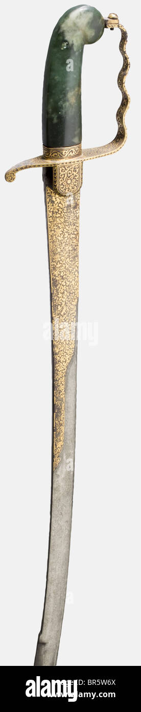 A gold-inlaid Indian sabre with nephrite jade grip, 19th century ...