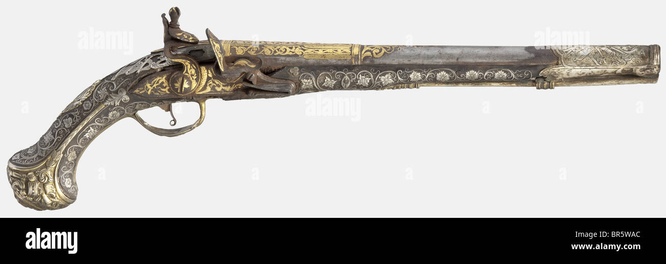 A silver-mounted Ottoman flintlock pistol, circa 1800 Two-stage barrel ...