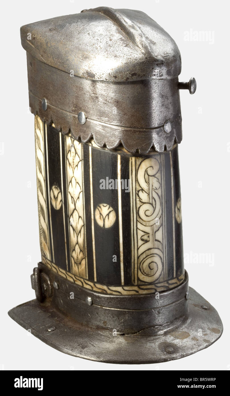 A cartridge box, Southern German, circa 1580. Wooden body with five ...