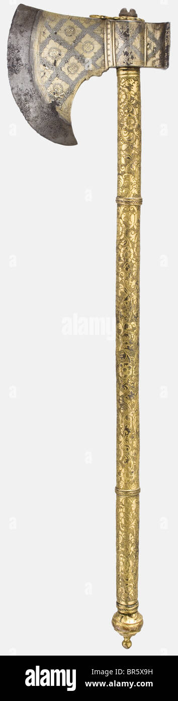 A silver-plated Indian battle axe, Gujarat, 19th century Heavy blade ...