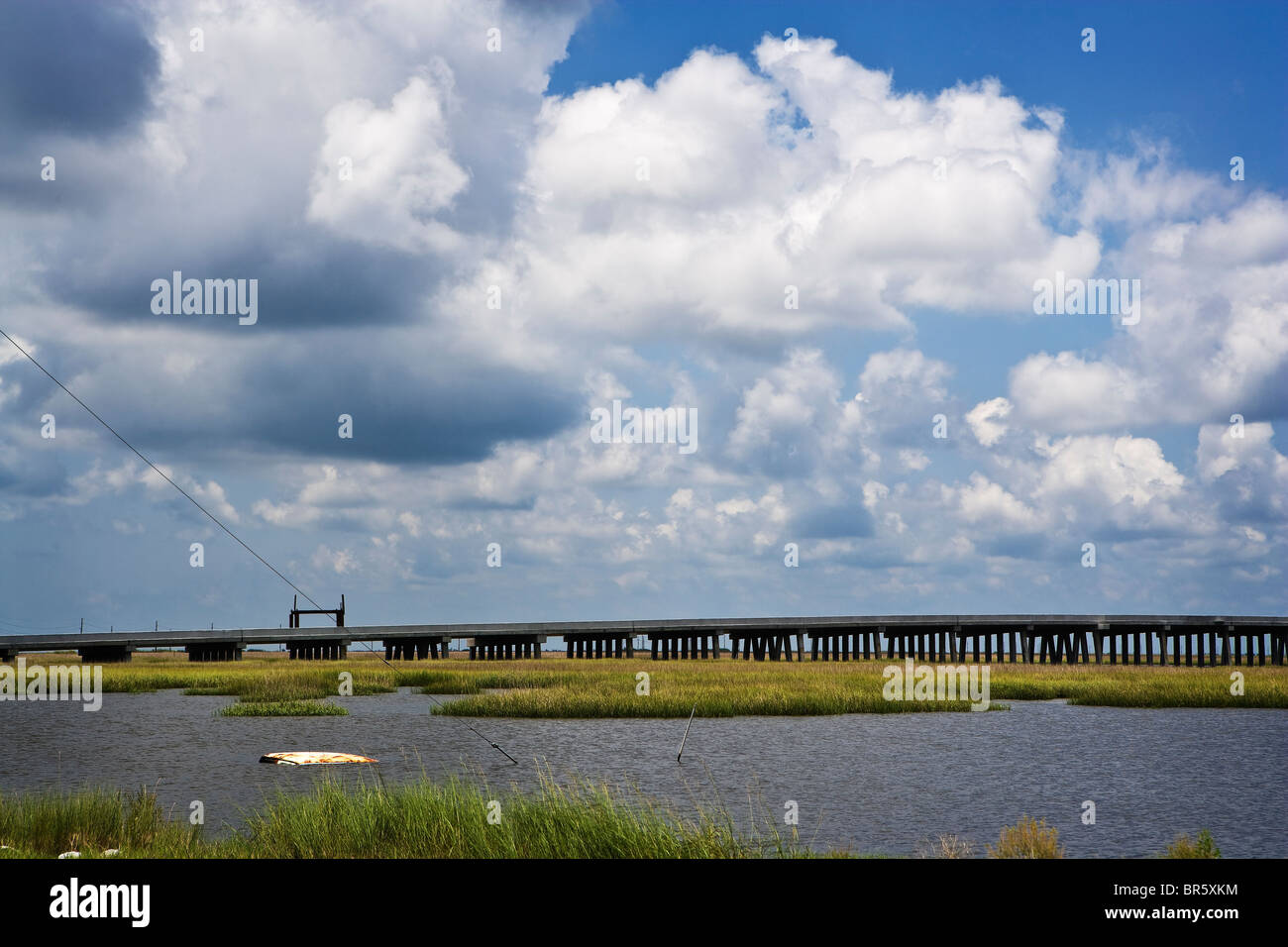 A sunken truck lays in shallow marsh water with the Grand Isle Bridge ...
