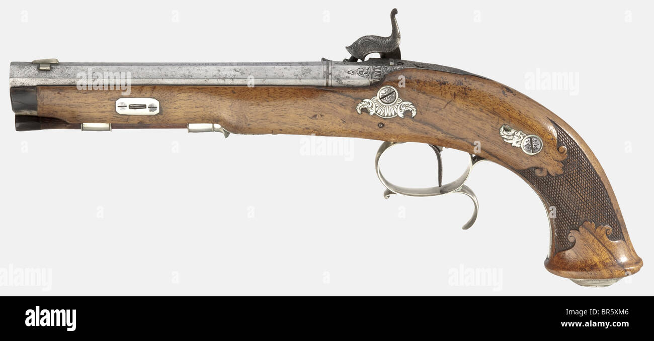A pair of percussion pistols, F. Reuss in Mehlis, circa 1840. Octagonal ...
