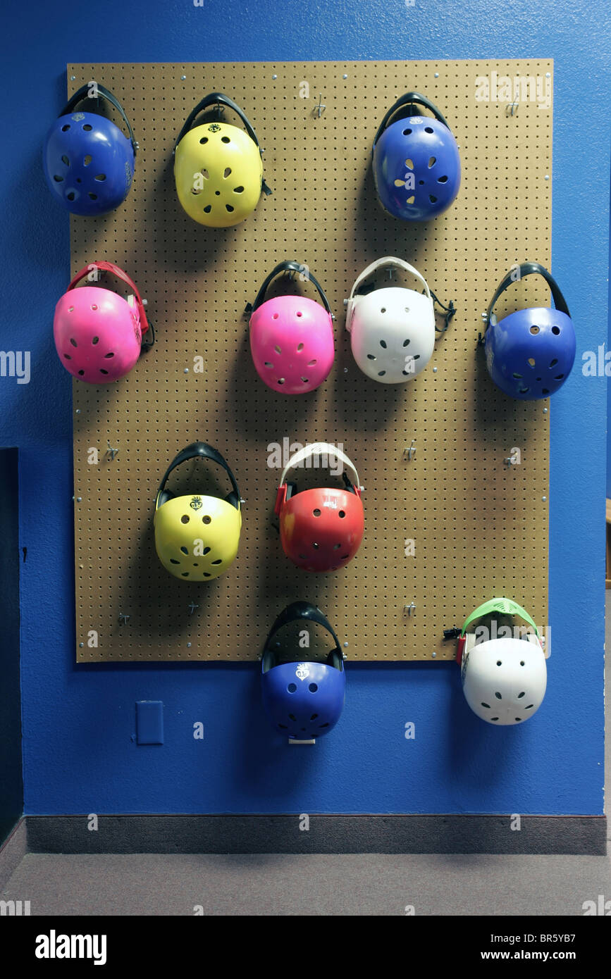 Helmets used by participants during indoor skydiving flight sessions in ...