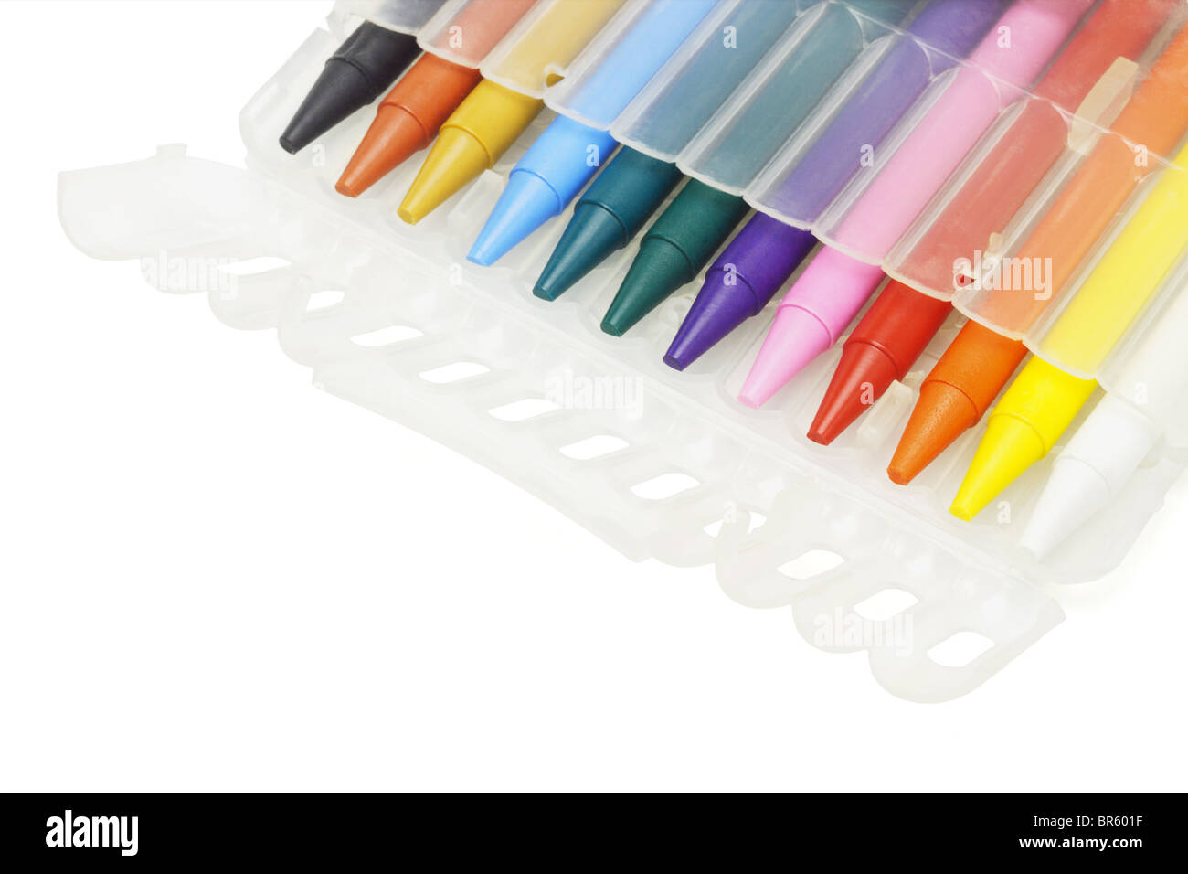 Multicolor crayons in plastic case on white background Stock Photo - Alamy