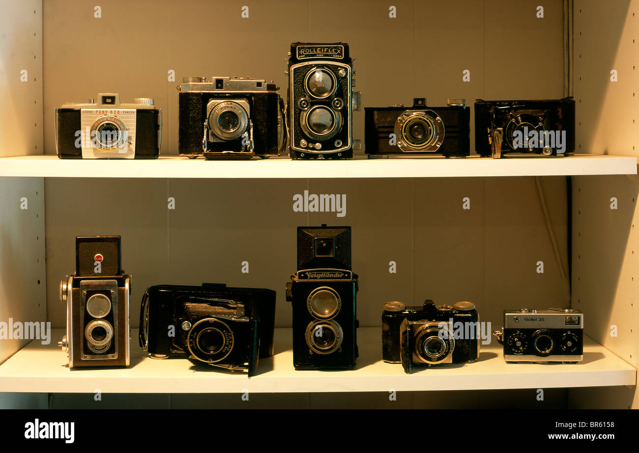 Vintage camera collection displayed on shelf Stock Photo - Alamy