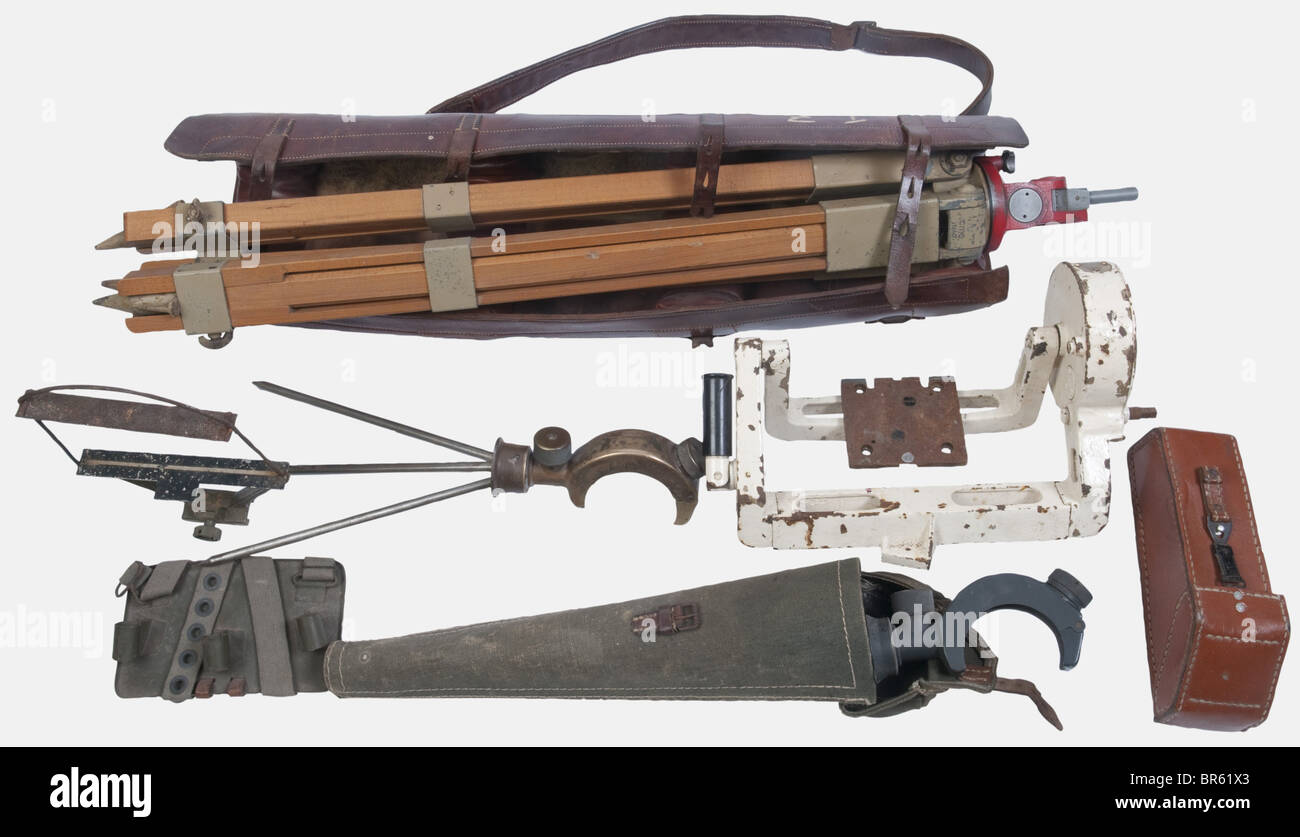 A group of optics accessories, including a metallic housing and an ...