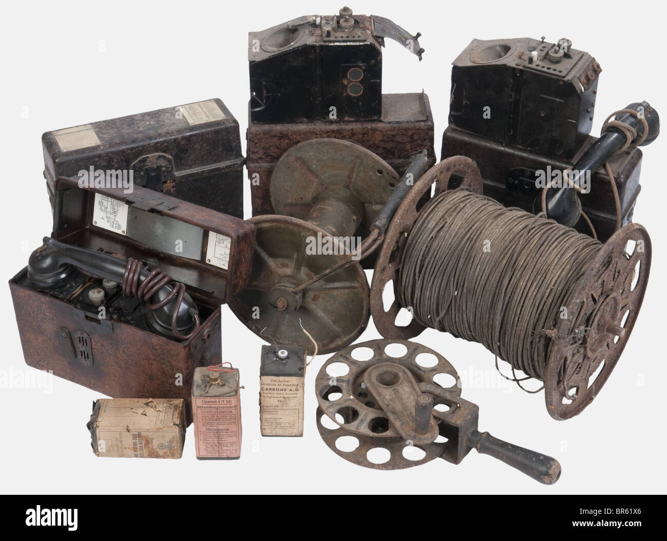 A group of Wehrmacht telephone equipment, including a field telephone ...