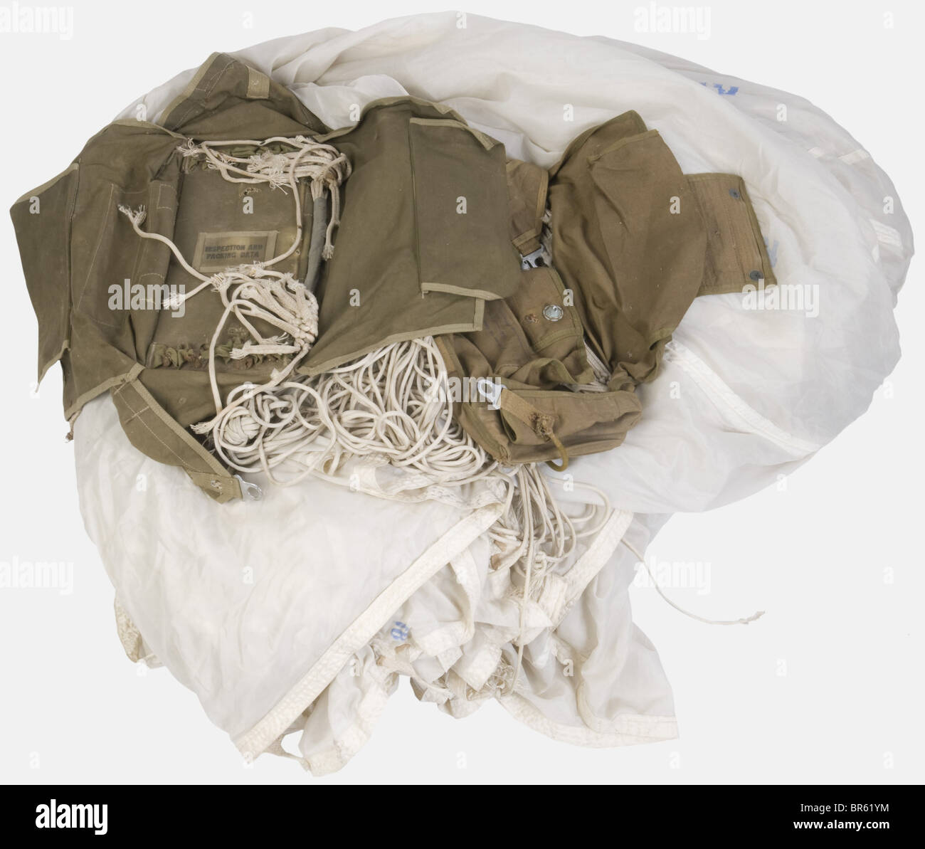 A white canopy, for reserve parachutes, complete with lines and ...