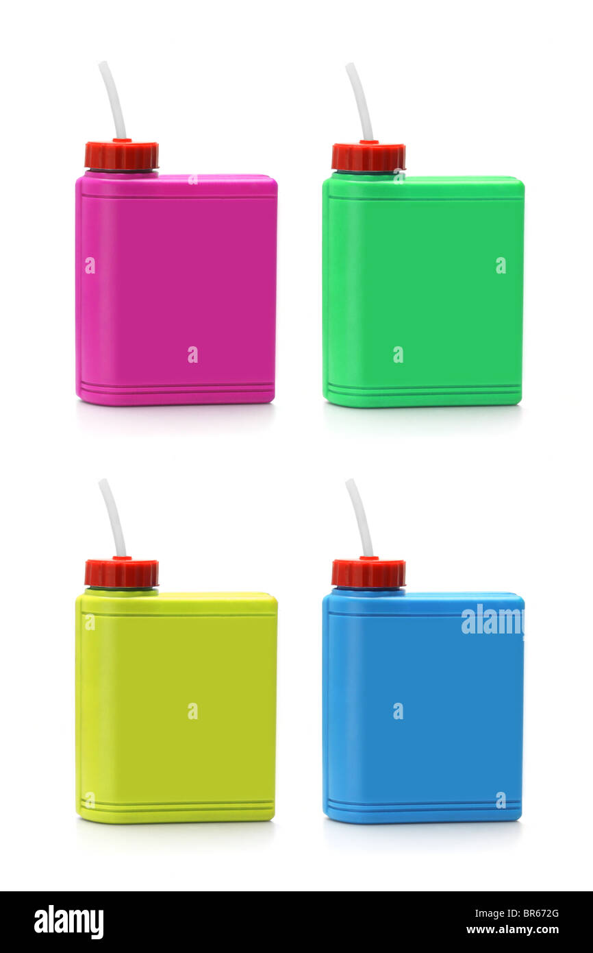 Multicolor water containers arranged on white background Stock Photo ...