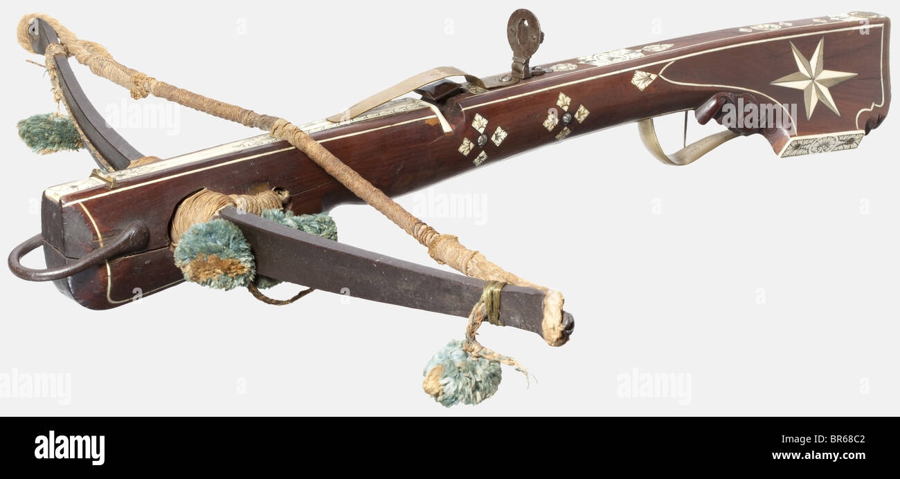 A German hunting/sporting crossbow, circa 1720 Heavy iron prod with ...
